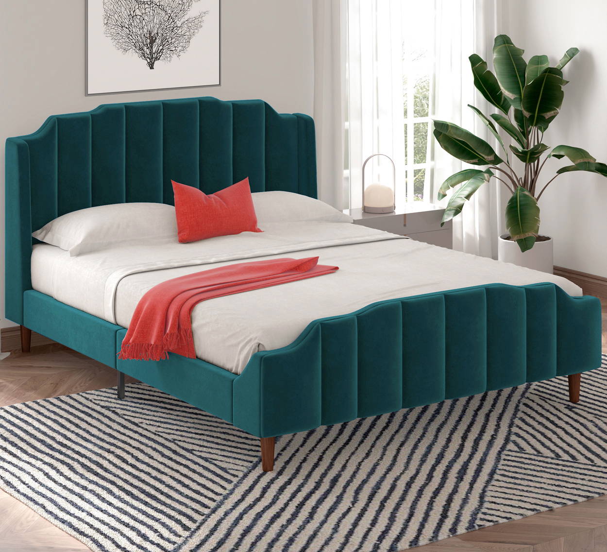 Modern Curved Wood Bed Frame with Upholstered Wingback Headboard SHA CERLIN